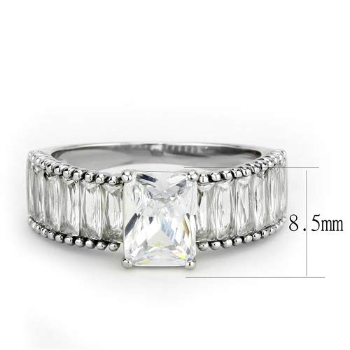Fancy Radiant Cut & Baguette CZ Accents Stainless Steel Engagement Ring Sz 5-10