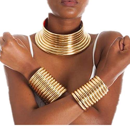 FLD 5pcs African Vintage Statement Choker Resin Snap Necklaces Bangle Jewelry Women Long Neck Collar Wide Leather Bracelet Stud Earring Sets