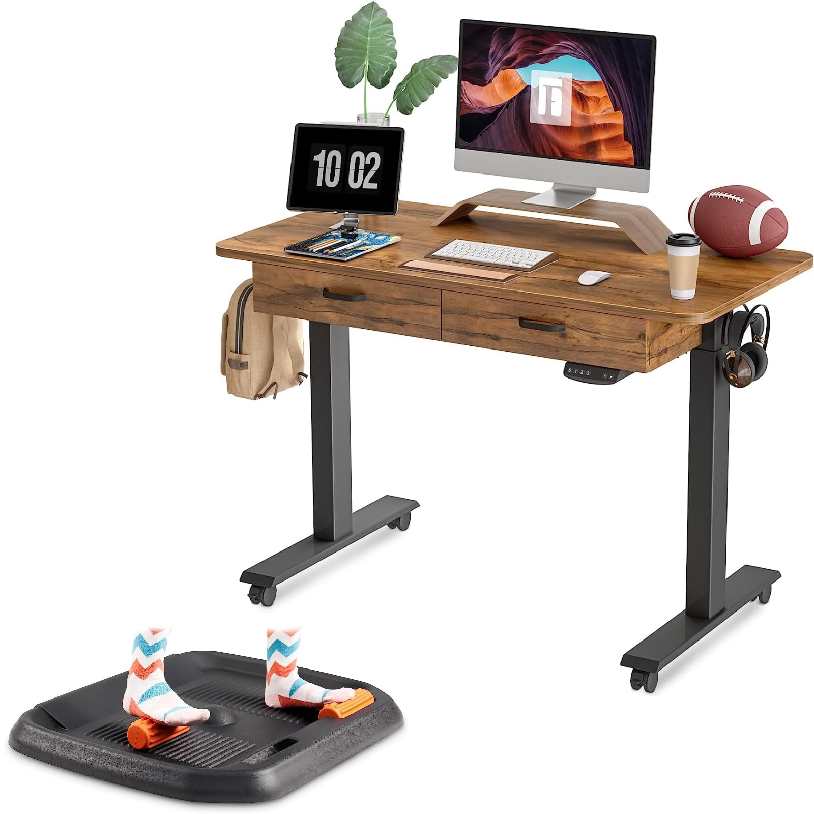 FEZIBO Height Adjustable Desk with 2 Drawers Storage and Anti Fatigue Mat
