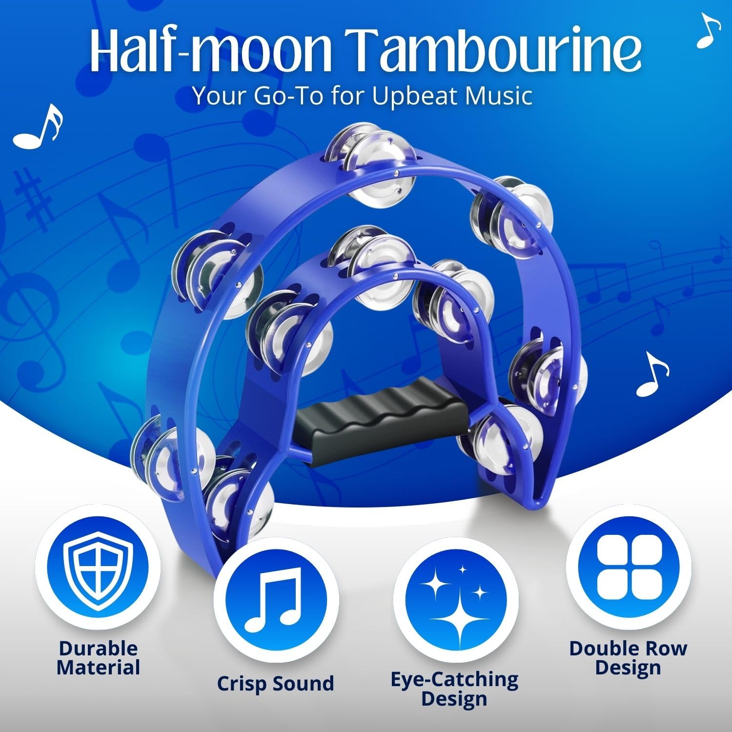 Flexzion Tambourine Metal Half Moon Musical Instruments Double Row Metal Jingles Hand Held Instruments Percussion with Ergonomic Handle Grip, Tambourines for Adults, 2 Packs - Blue