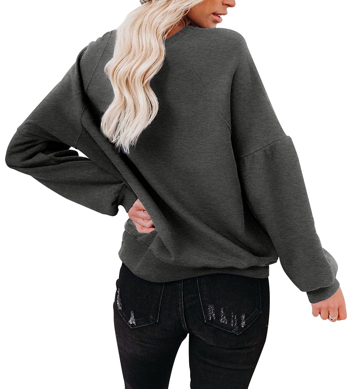 For G and PL Women's Soft Balloon Sleeve Blouse Long Sleeve Cotton Round Neck Solid Raglan Sweatshirts Dark Grey L