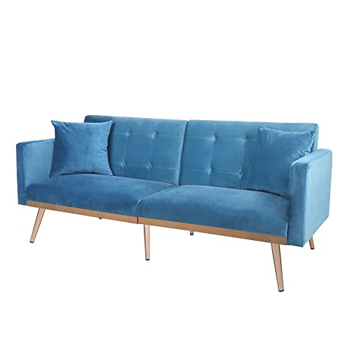 RARZOE Velvet Sofa Bed Loveseat Sofa Accent Sofa, Mid Century Modern Convertible Sleeper Couch, Futon Sofa Bed with 2 Pillows for Living Room Bedroom Apartment,Water Blue