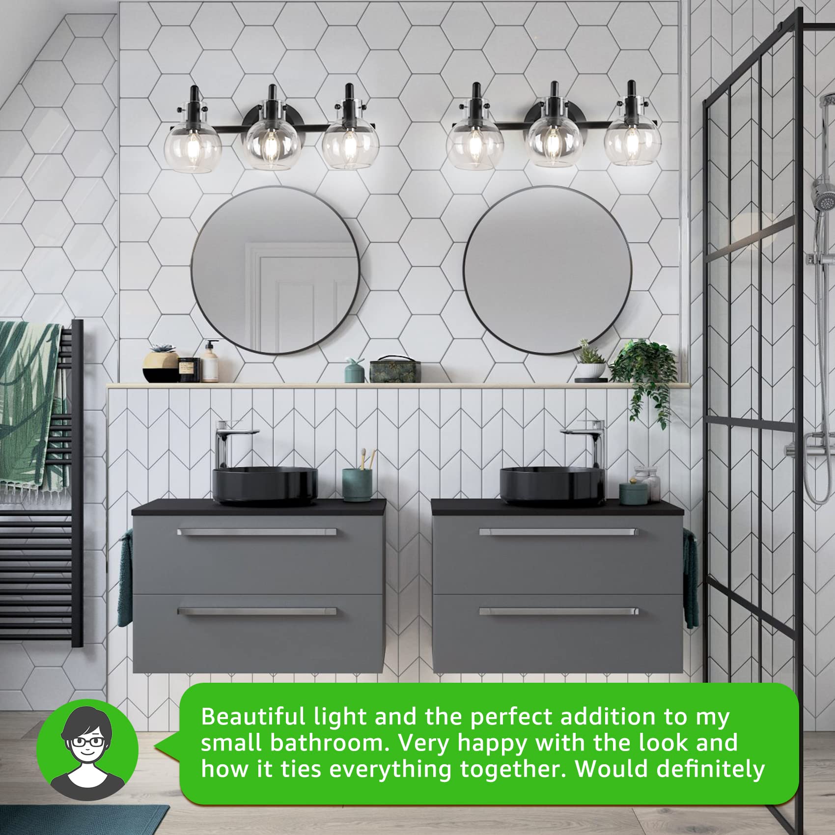 FOLKSMATE Bathroom Vanity Light Fixtures, Modern 3 Lights Wall Sconce Lighting Matte Black, Wall Lamp Wall Mount Light Fixture with Globe Glass Shade