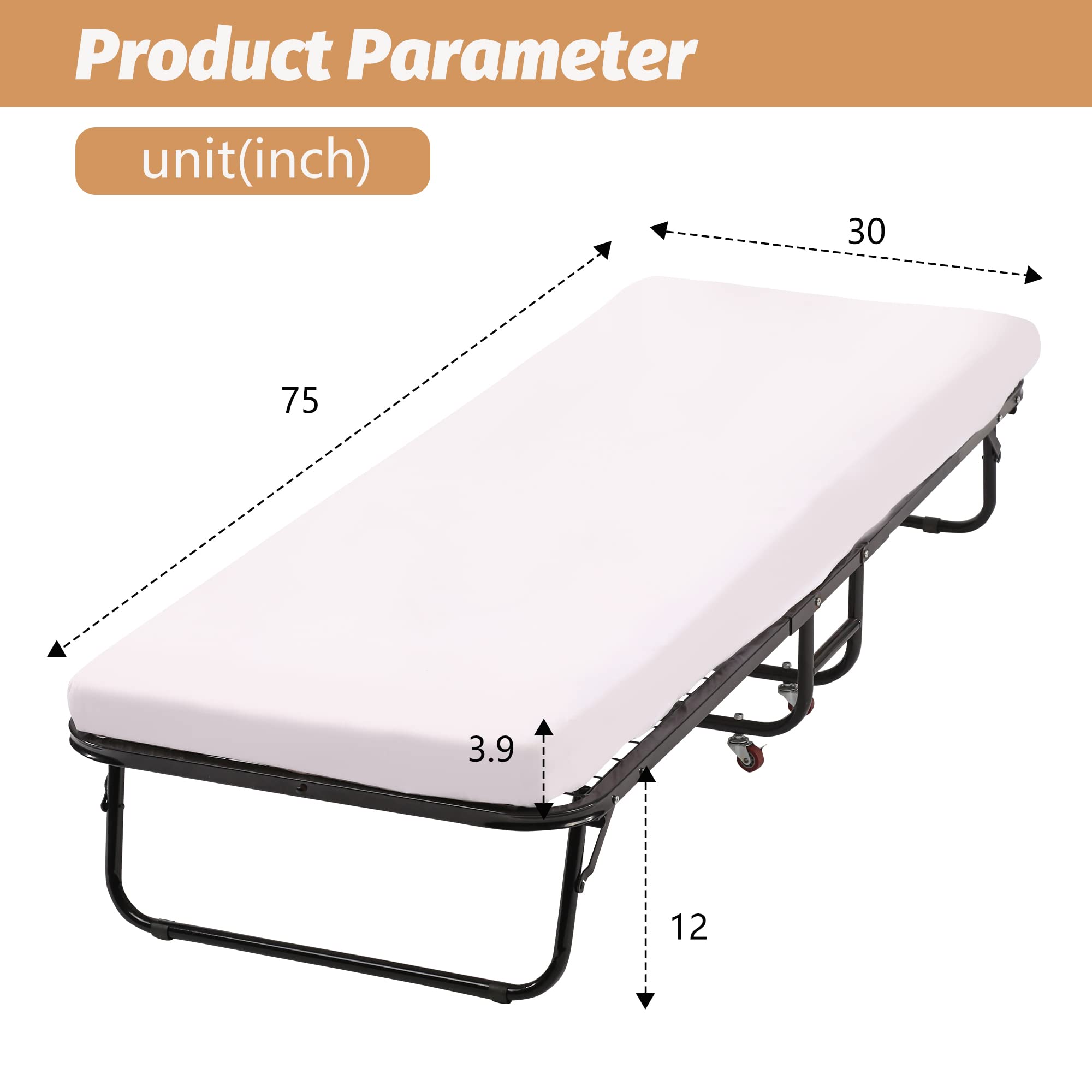 Folding Guest Bed with Wheels Guest Beds Portable Beds Extra Roll Away Foldaway 3.9 Inch Comfort Foam Mattress Strong Sturdy Frame Heavy Duty L75*W30*H12 Inches，White