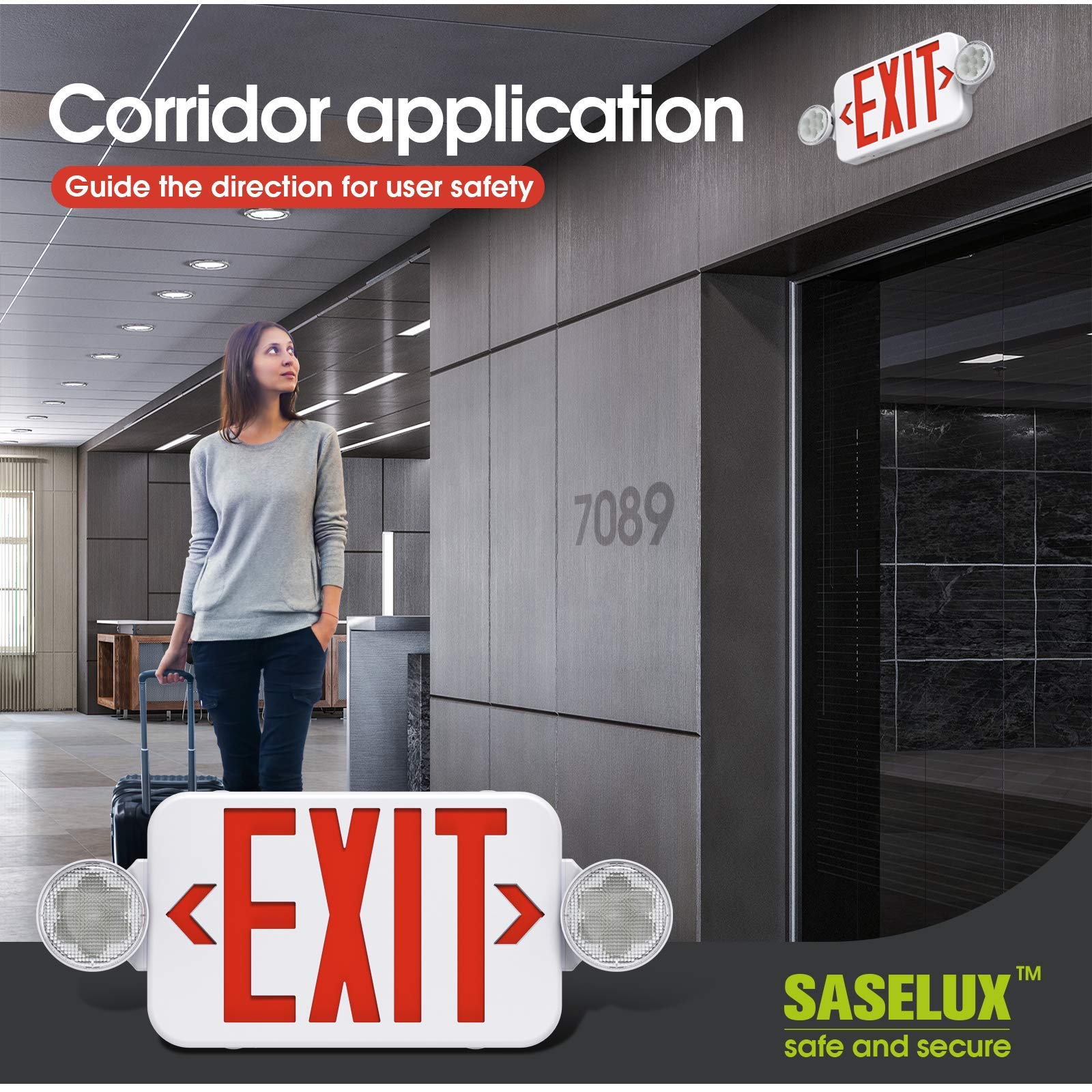 SASELUX 2 Pack Switchable Red/Green, Double Sided and Battery Backup Exit Light Bundle 6 Pack Exit Sign with Emergency Lights, Two LED Adjustable Head Emergency Exit Light with Battery
