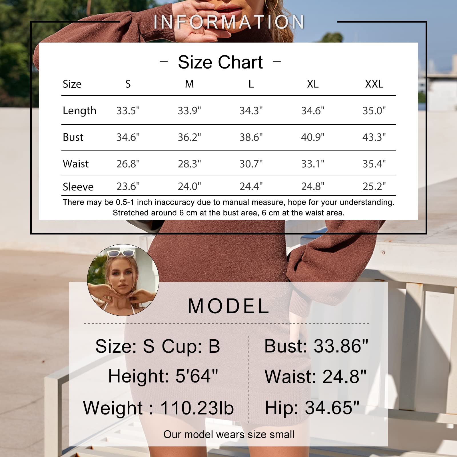 EXLURA Womens Mock Neck Puff Long Sleeve Bodycon Pullover Cute Mini Sweater Dress Caramel