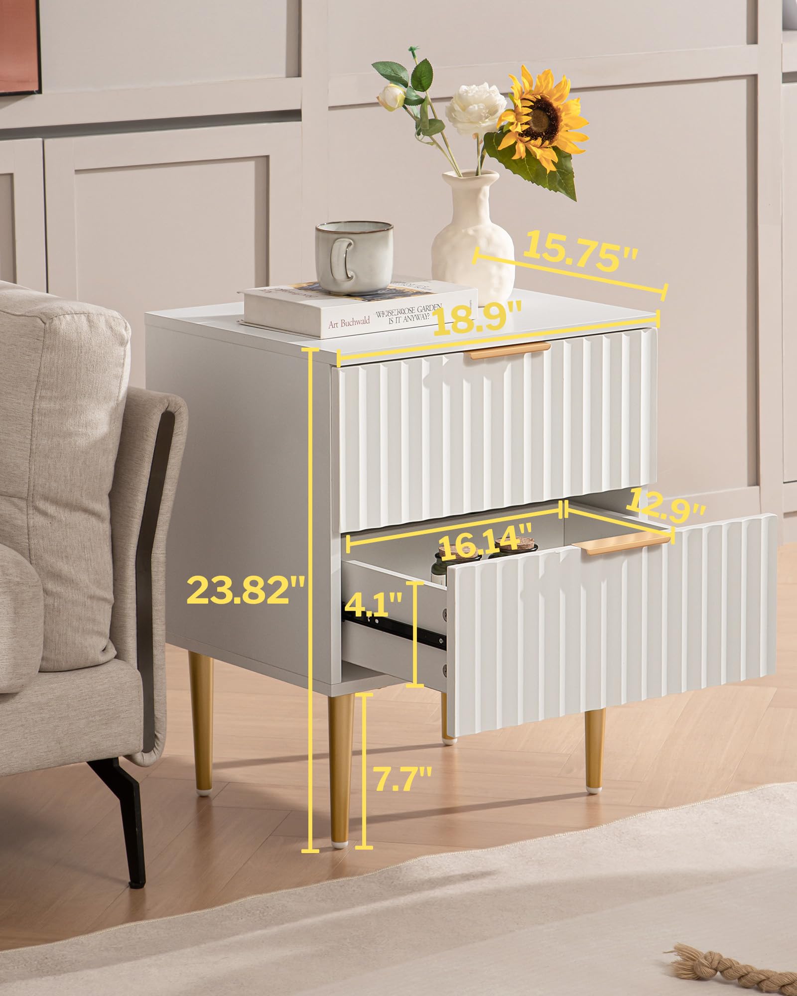 SICOTAS White Night Stand Set 2, Wide Fluted Nightstand with 2 Drawers, Modern Glossy Storage Bedside Table for Bedroom, End Side Table with Golden Metal Legs and Handles(2, White)