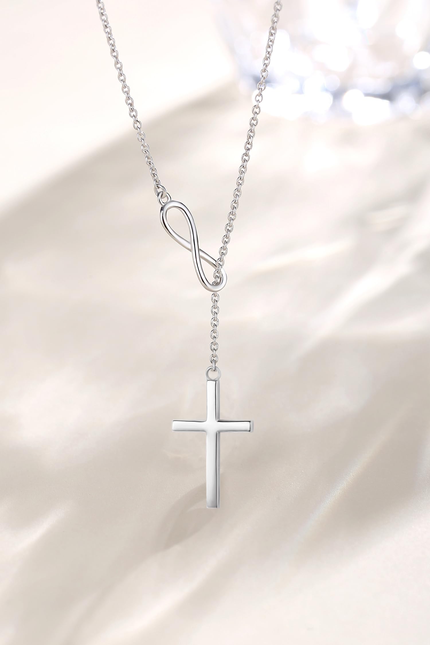 FANCIME White Gold Plated 925 Sterling Silver High Polished Infinity Cross Pendant Lariat Necklace Y Necklace Gift for Women, 18"