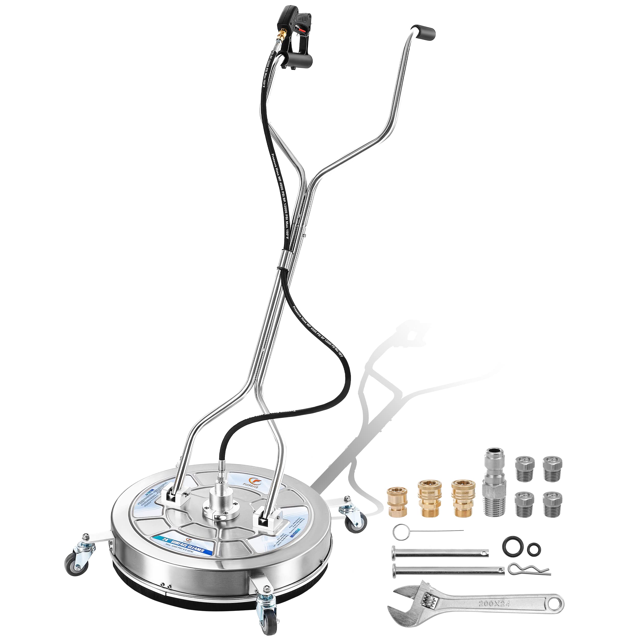 FIXFANS 24" Pressure Washer Surface Cleaner with 4 Wheels, Dual Handle, Stainless Steel Power Wash Surface Washer Attachment, 4500 PSI Pressure Washer Accessory for Driveway Sidewalk Patio Cleaning