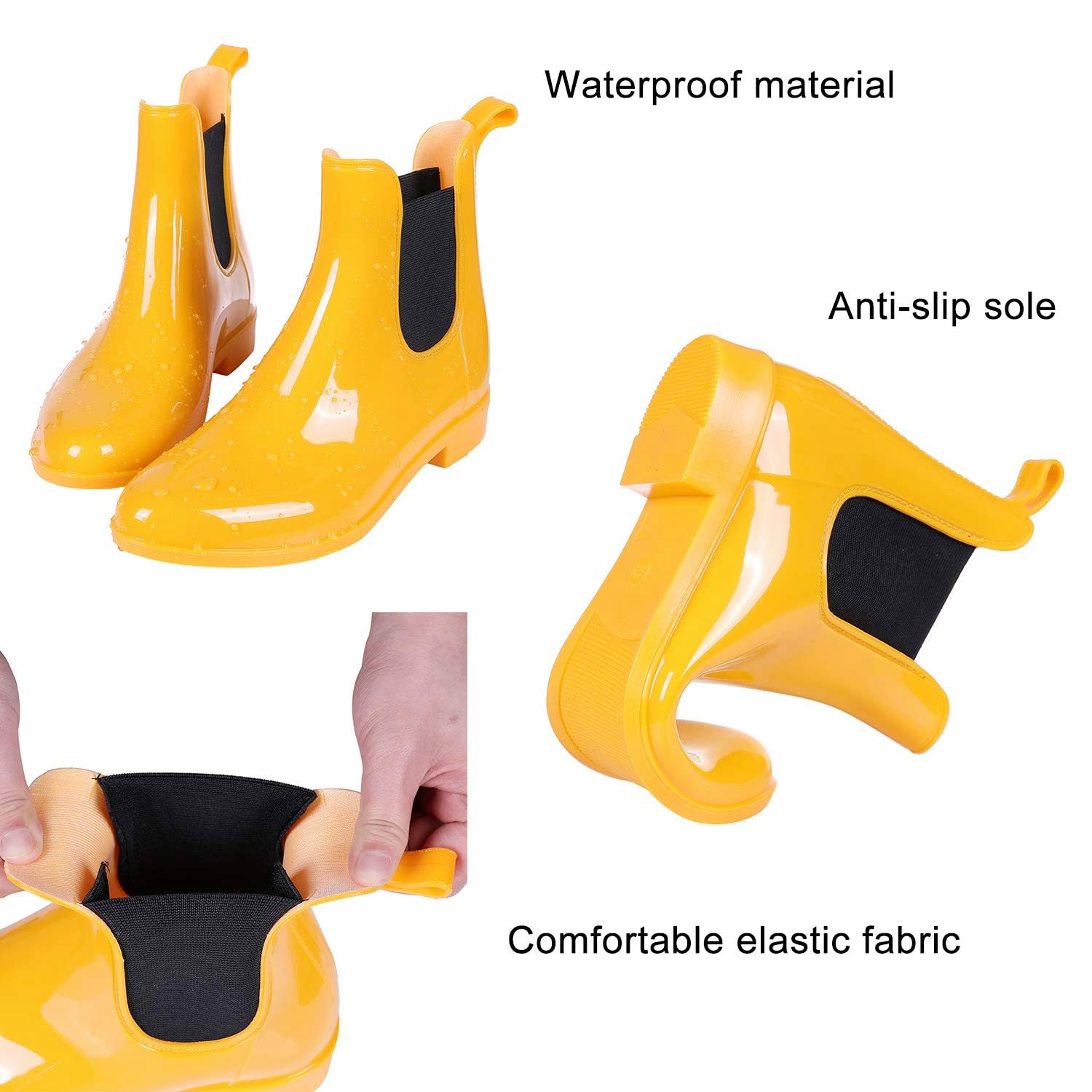 Evshine Women's Short Ankle Rain Boots Lightweight Chelsea Rain Boots Rubber Waterproof Booties, Yellow (EU40