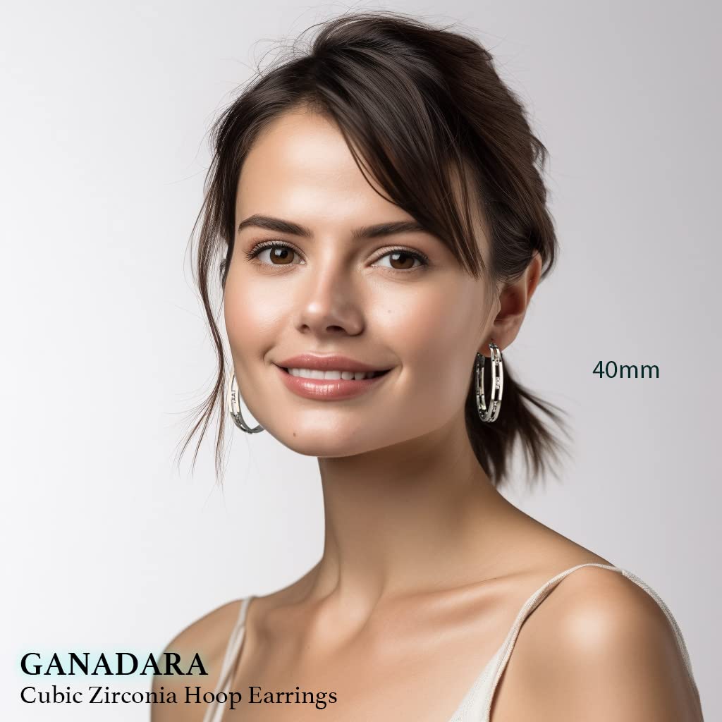 GANADARA Cubic Zirconia Hoop Earrings for Women - 14K Gold Plated 925 Sterling Silver Shiny Wide Round Hoop Earrings (Silver)