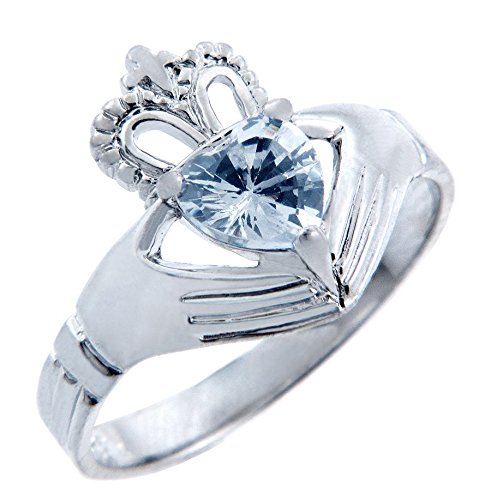 Fine 925 Sterling Silver Solitaire March Birthstone CZ Heart Irish Claddagh Ring (Size 7.75)