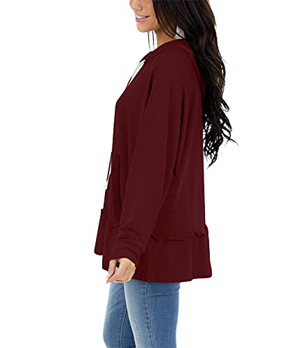 For G and PL Women Loose Ruffled Hem Raglan Hoody Long Sleeve Babydoll Solid Tiered Sweatshirt with Pocket Maroon XXL