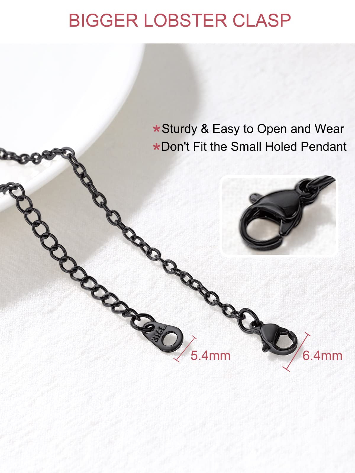 FOCALOOK Black Necklace Chain for Women 2mm 18 Inch Stainless Steel Rolo Cable Chain