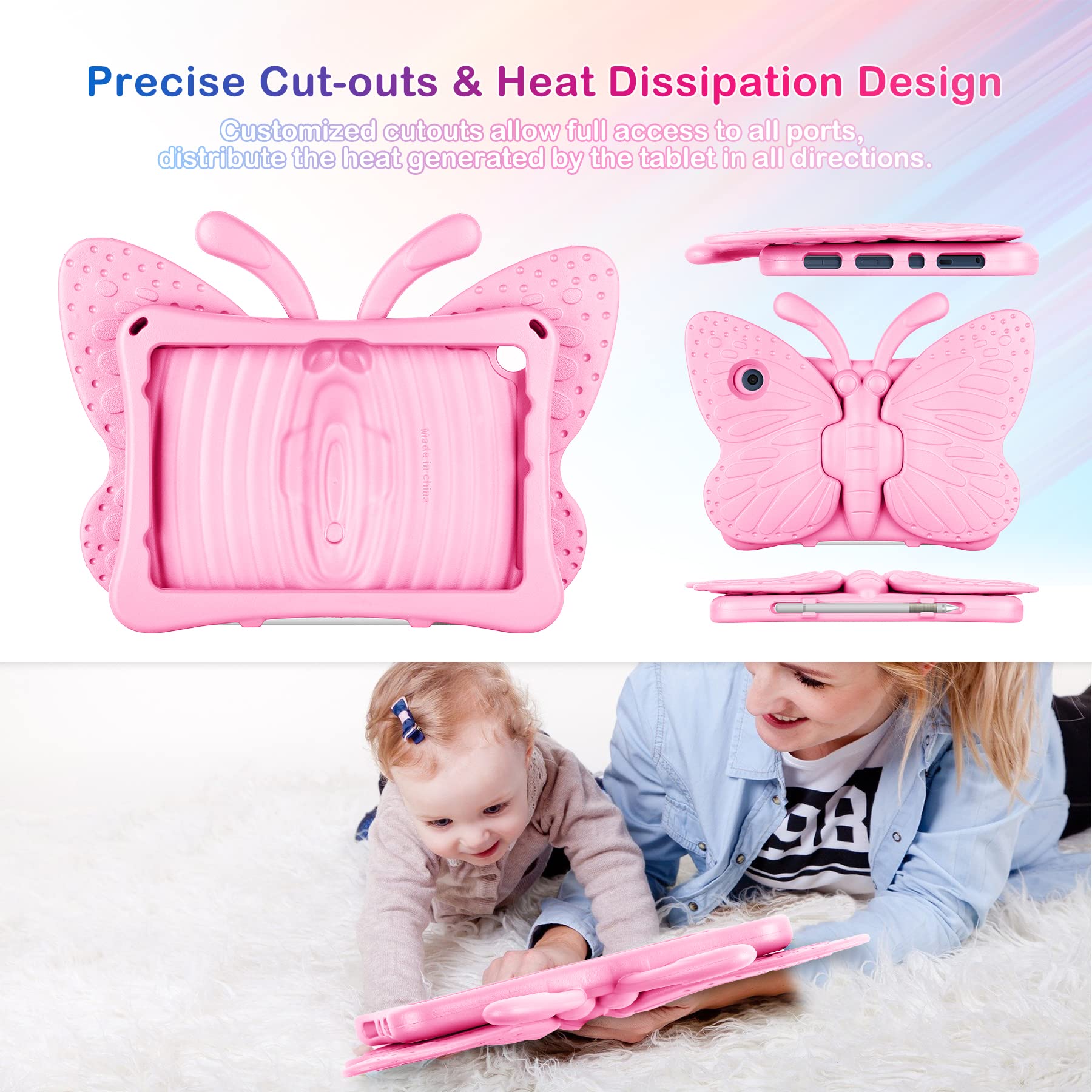 Foluu for All-New Amazon Fire HD 10 and Fire HD 10 Plus (11th Generation, 2021 Release), Fire HD 10 2021 Kids Case, Butterfly Non-Toxic EVA Shockproof Case with Kickstand for Fire HD 10 2021 (Pink)