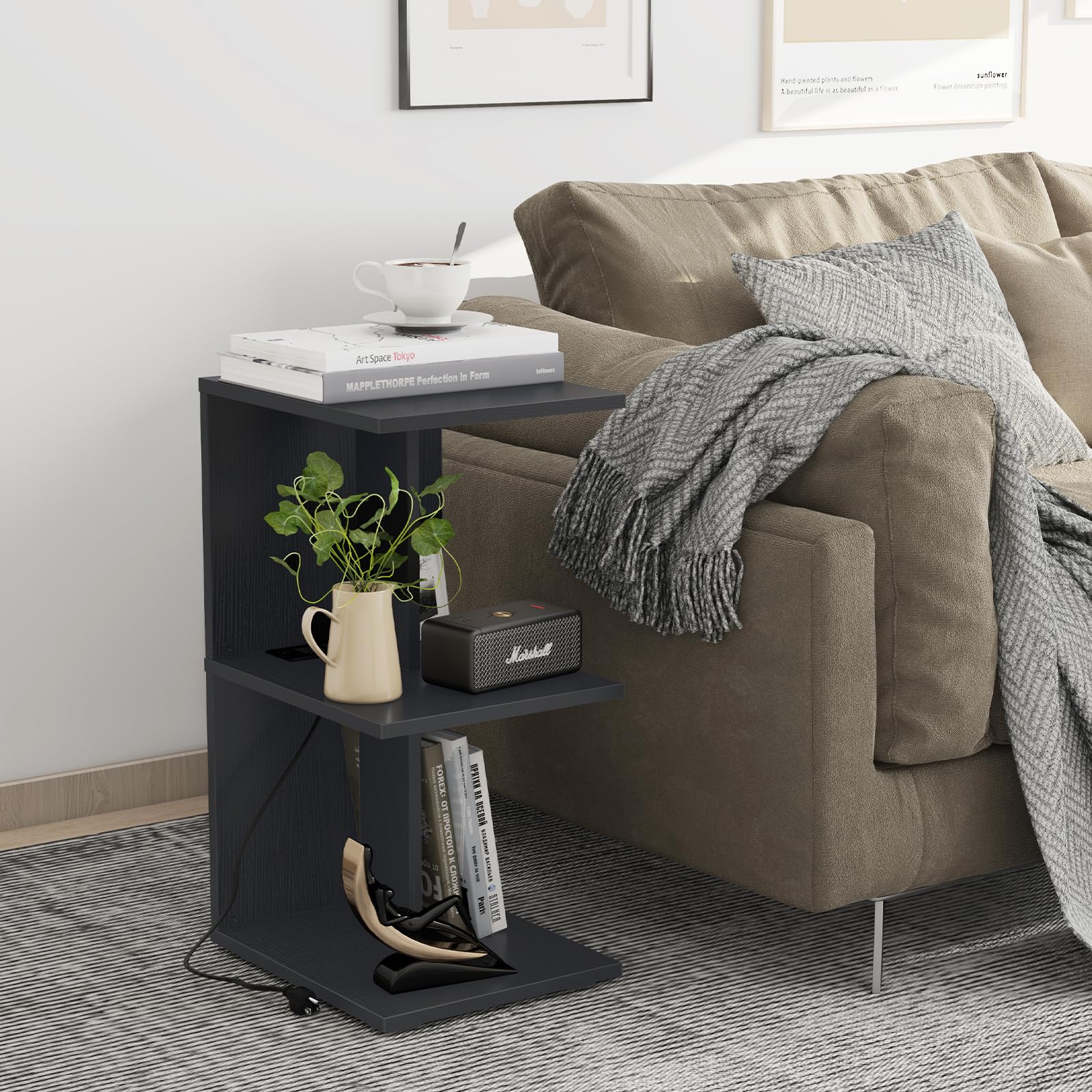 Fixwal End Table with Charging Station, Modern 3-Tier Narrow Side Table, Bedside Table with USB Ports and Outlets, Rolling Bedside Nightstand with Storage Shelf, for Living Room, Bedroom, Black