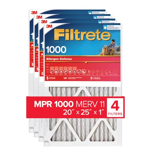 Filtrete 20x25x1 AC Furnace Air Filter, MERV 11, MPR 1000, Micro Allergen Defense, 3-Month Pleated 1-Inch Electrostatic Air Cleaning Filter, 4 Pack (Actual Size 19.69 x 24.69 x 0.81 in)