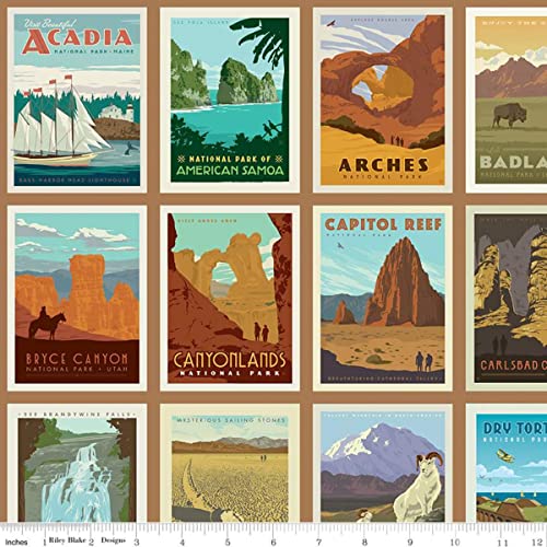 Riley Blake National Parks Posters 23”x43” Panel with Sand Borders, Quilting, Apparel and Home Decor Fabric