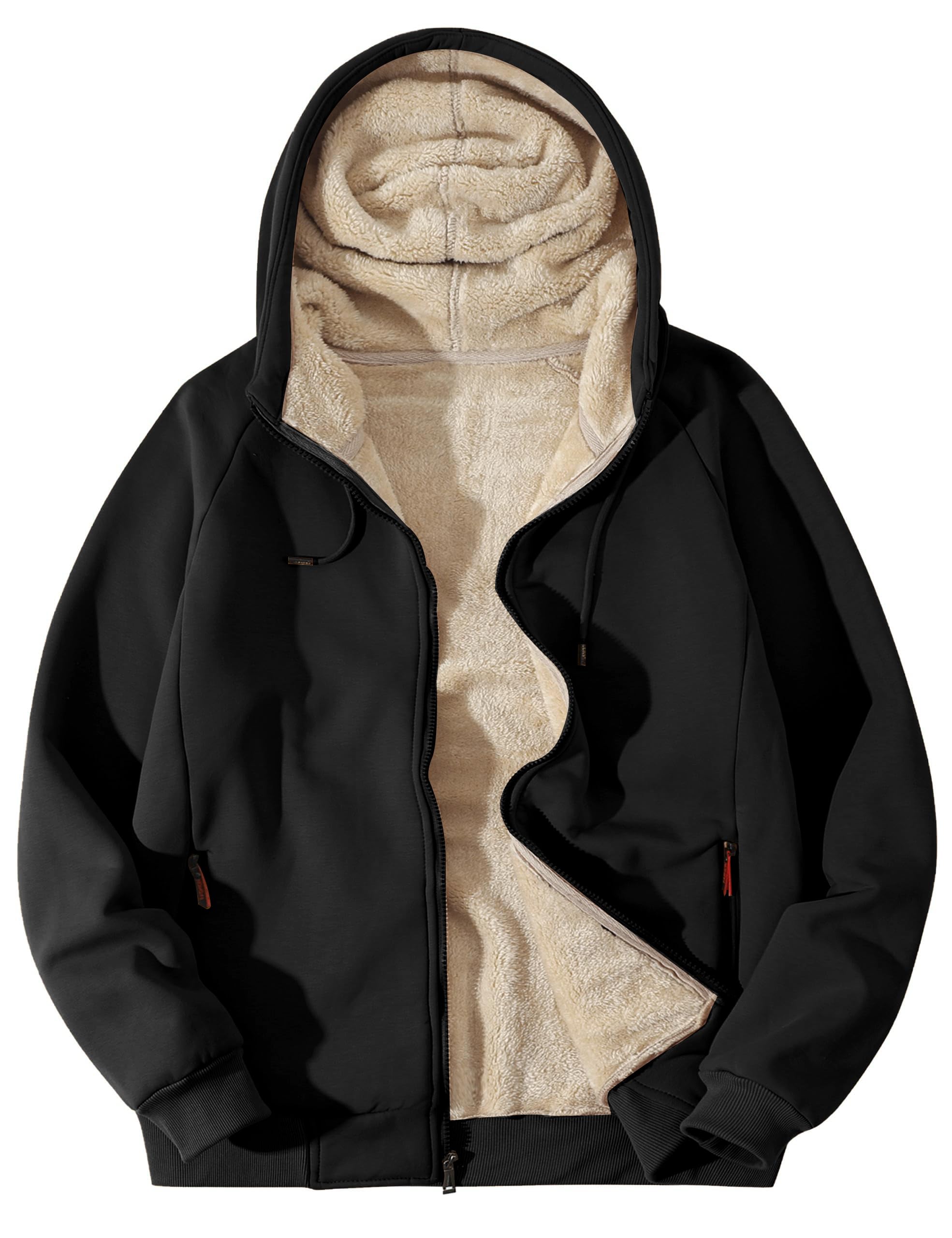 Flygo Hoodies for Men Zip Up Winter Fleece Sherpa Lined Sweatshirt Warm Jacket(Black-XL)