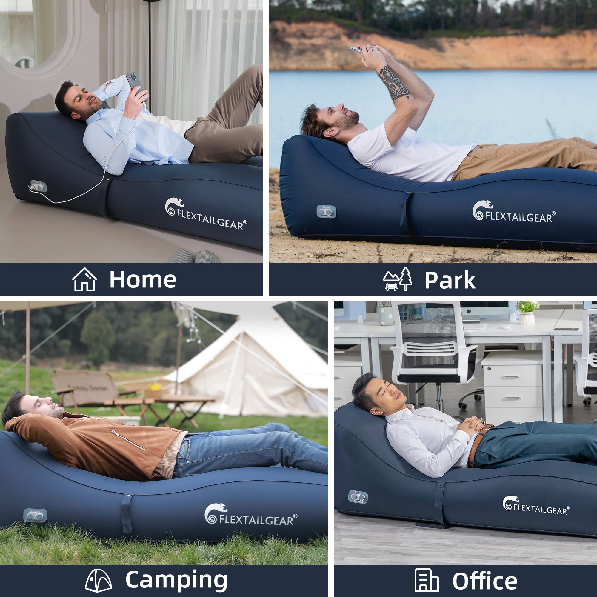 FLEXTAILGEAR Automatic Inflatable Couch, Portable Lounger Chair with Built in Pump, Ergonomic Design Blow Up Sofa Bed with Emergency Power Supply for Camping Beach Traveling Hiking Backyard