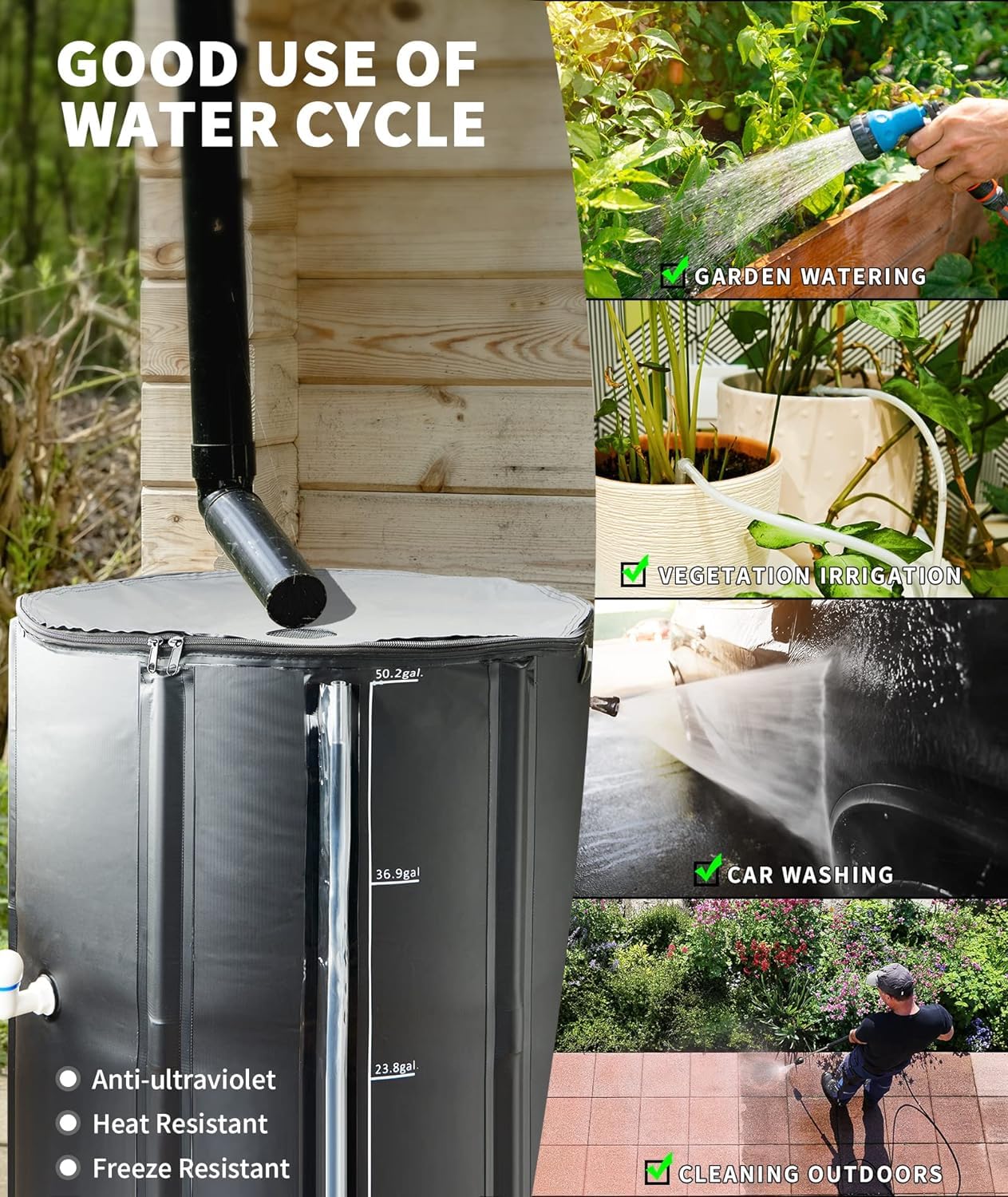 FAMIROSA Collapsible Rain Barrel, 53 Gallon Portable Rain Barrel, Rainwater Collection System for Garden Water Catcher Container, Rain Water Collection Barrel System with tick Marks, Black