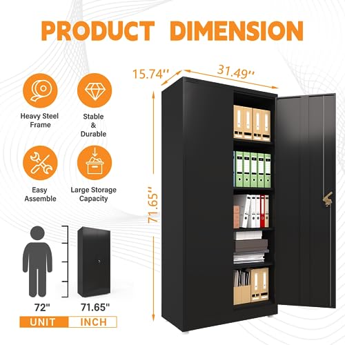 Fohufo Metal Storage Cabinet - 72-Inch Garage Cabinet with 4 Adjustable Shelves & Lockable Doors, Sturdy Tall Utility File Cabinet for Home, Office, School, Garage, Basement
