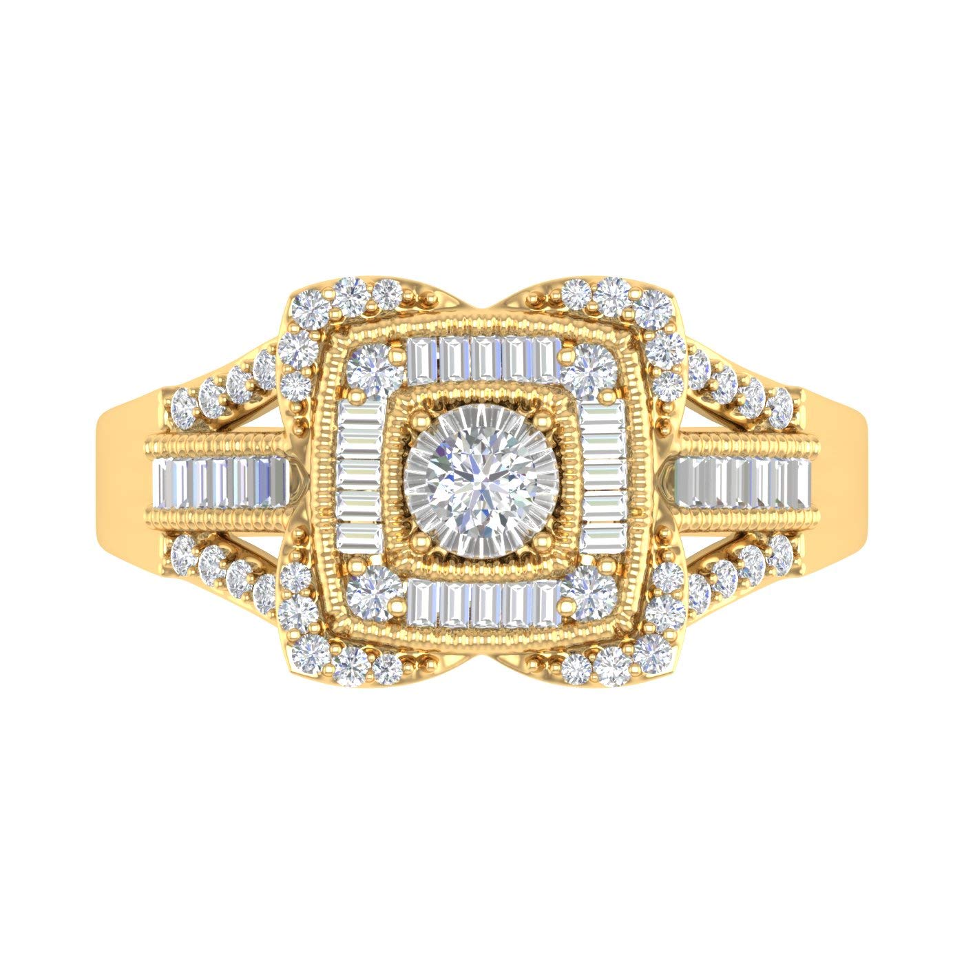 FINEROCK 1/2 Carat Round & Baguette Shape Diamond Cushion Shaped Halo Ring in 10K Yellow Gold (Ring Size 5)