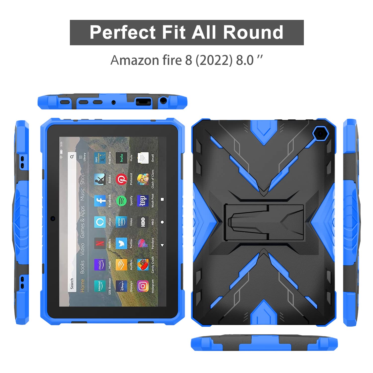 Maomini for New Kindle Fire HD 8 / HD 8 Plus Case 2022 Release 12th Generation,Kickstand Heavy Duty Armor Defender Cover.(NOT fit HD 8 Tab 10th/8th/7th Gen 2020/2018/2017) (Blue)