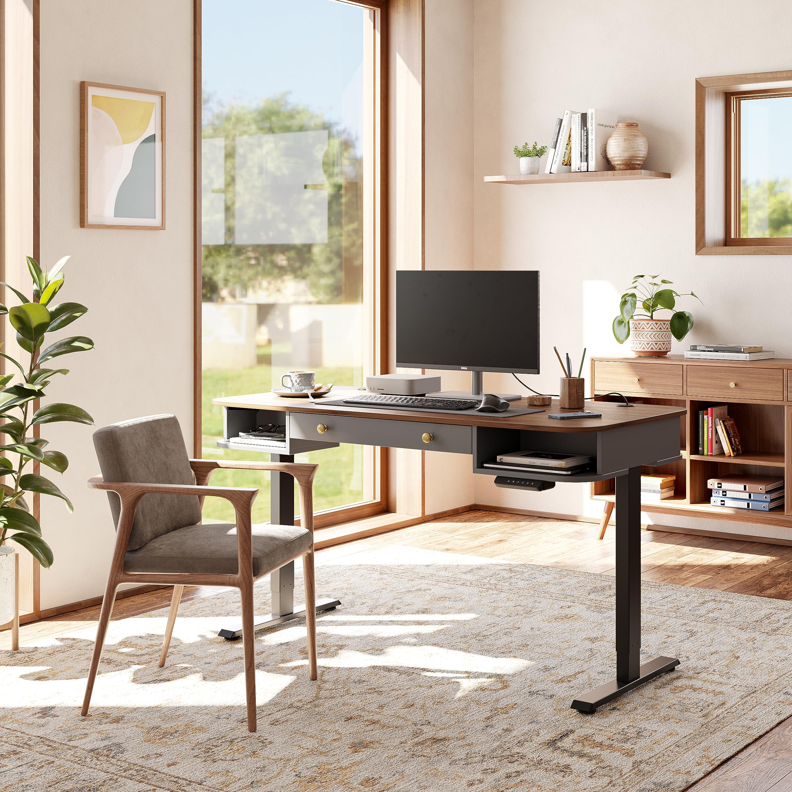 FEZIBO Whole Piece Mid Century Modern Electric Standing Desk with Drawer and Open Storage, 48 x 24 Inches Sit Stand Home Office Desk, Haze Blue Walnut(2 Packages)