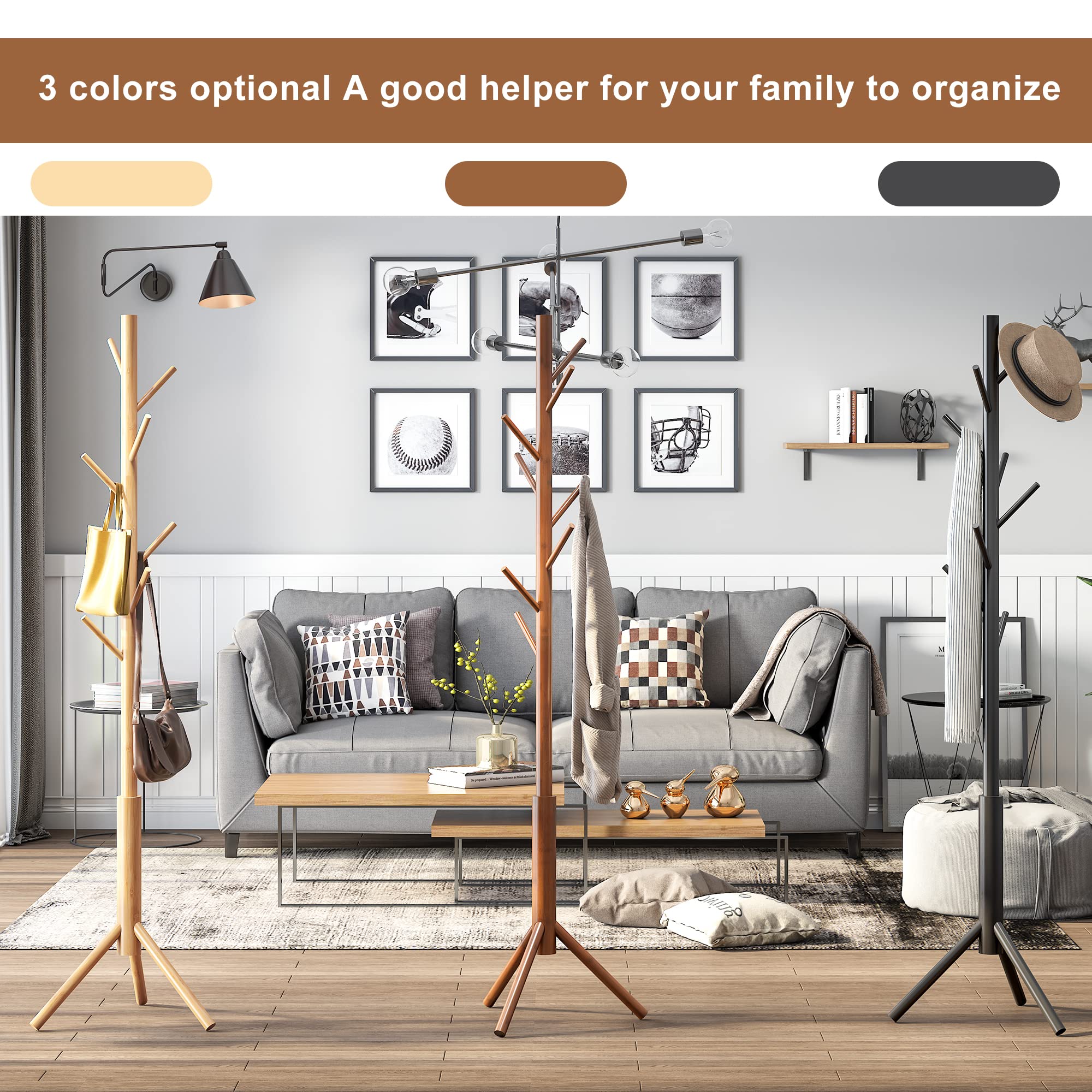 FILWH Bamboo Coat Rack Freestanding Adjustable Coat Tree with 3 Sections & 8 Hooks Easy to Assemble Coat Hanger Stand for Bedroom Office Hallway Entryway Bedroom Coat Rack(Natural)