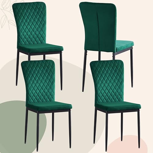 FENZARD Set of 4 Living Room Chairs Dining Chairs with Velvet, High Back, Metal Frame and Modern Lattice Design for Living Room, Dining Room,Green