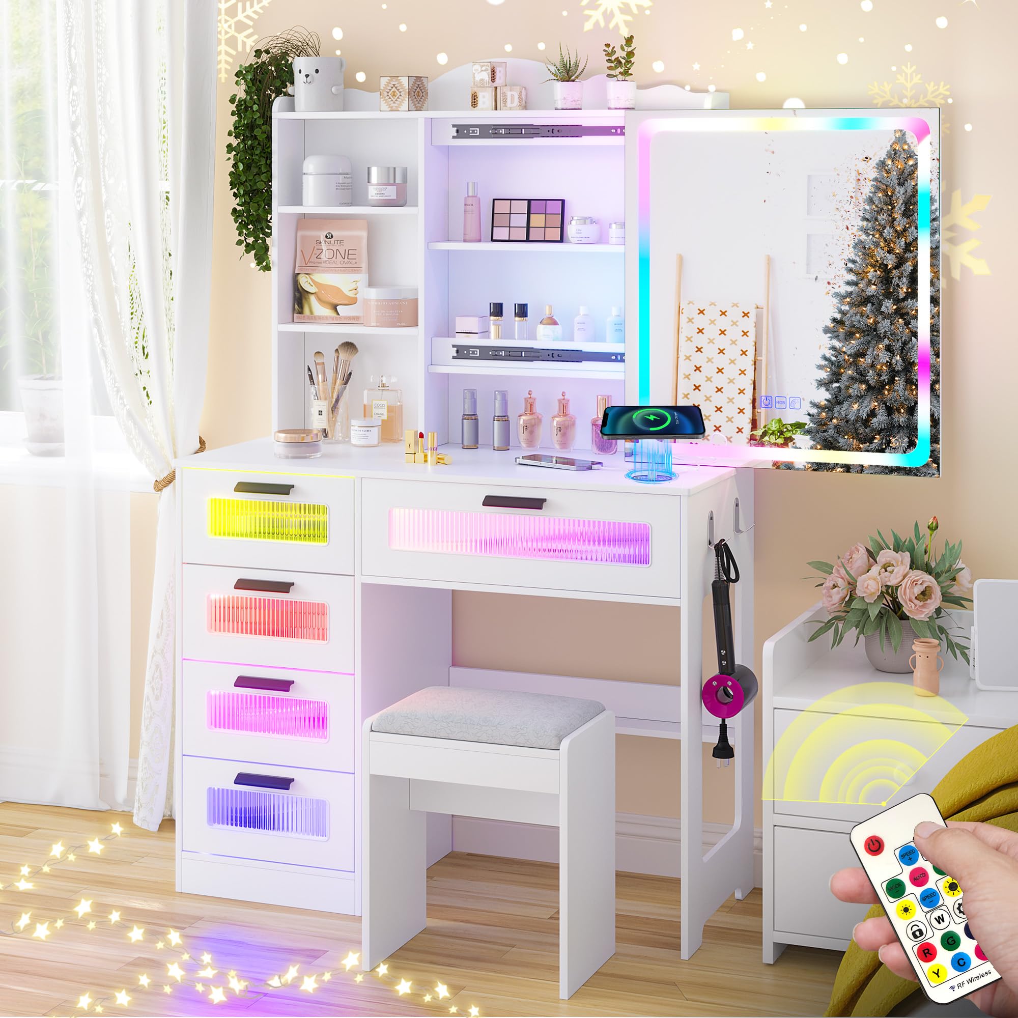 FOMNEY RGB LED Vanity Desk with Mirror and Lights, Makeup Vanity Desk with 3-in-1 Charging Station, Vanity Set with Stool&Sliding Touch Mirror, Makeup Dressing Table with 5 Drawers (White)