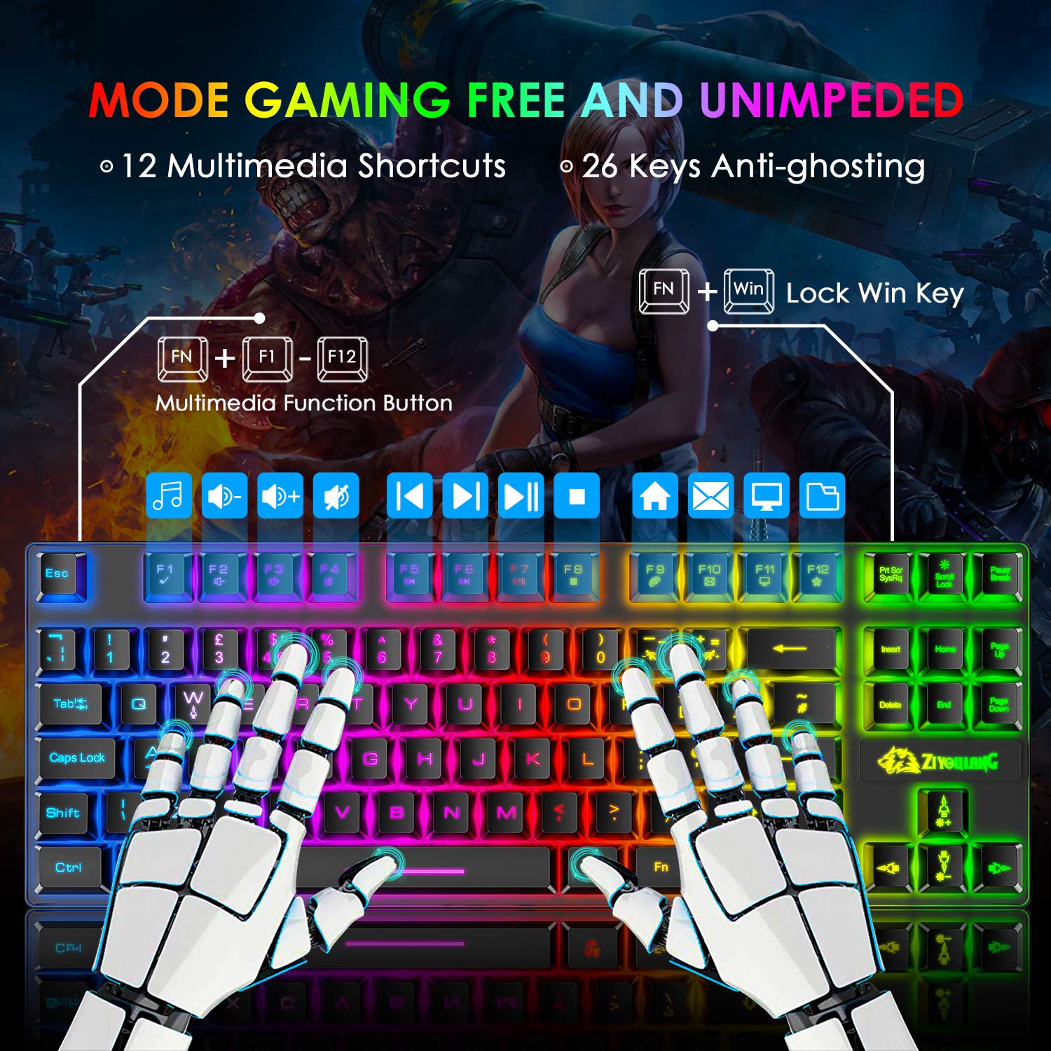Gaming Keyboard and Mouse Combo,88 Keys Compact Rainbow Backlit Mechanical Feel Keyboard,ps4 Converter Adapter,RGB Backlit 6400 DPI Lightweight Gaming Mouse with Honeycomb Shell for Windows PC Gamers