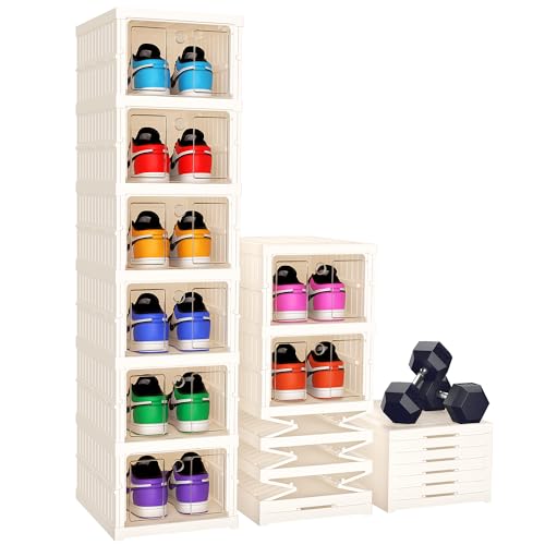 Foldable Shoe Storage Box, 6 Tier Plastic Shoe Storage Cabinet Organizer with Clear Door for Entryway, Shoe Sneaker Storage Containers Fit up to US Size 12, All-in-One