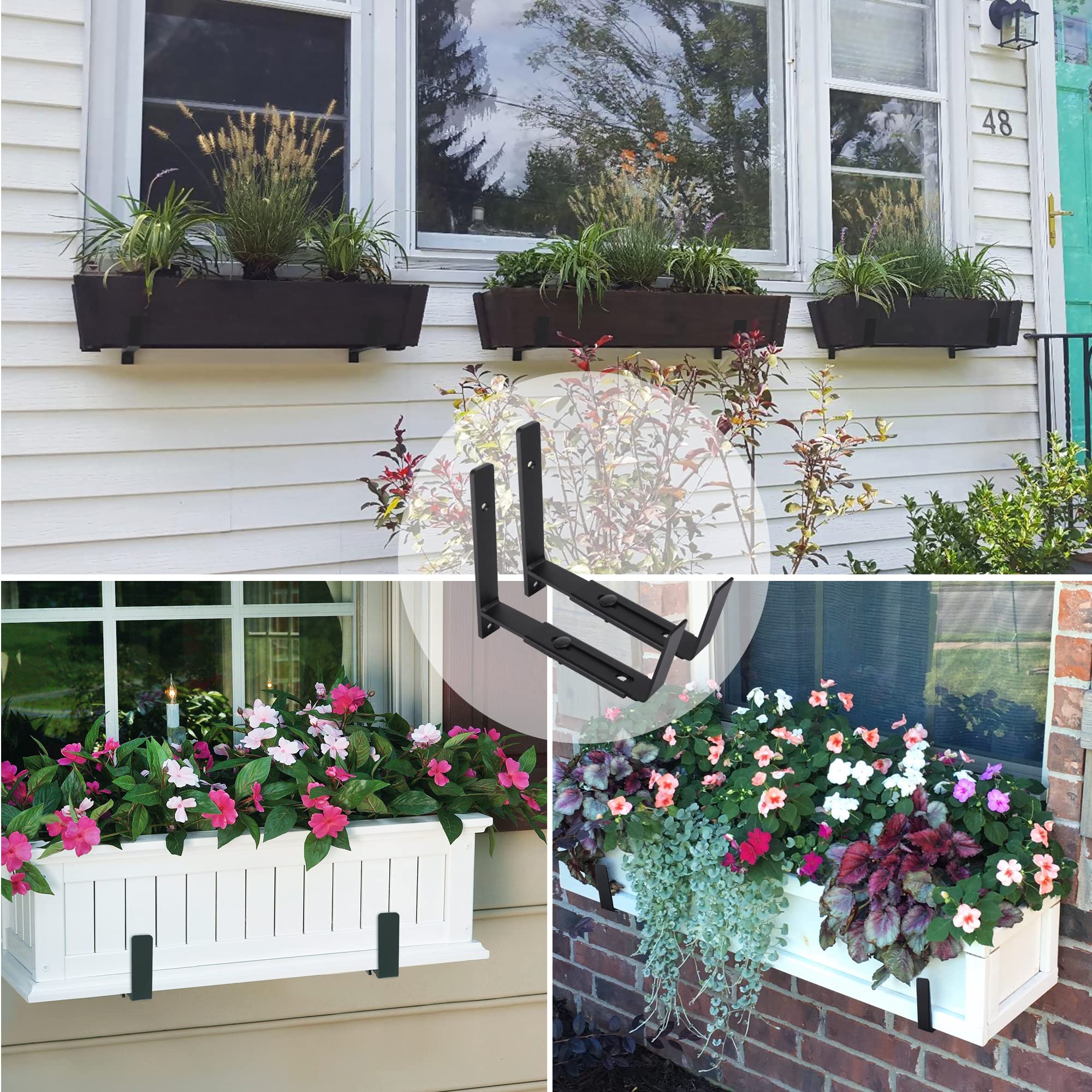 Maotong Adjustable Window Planter Box Brackets 4 Pack, Heavy Duty Wall Mount Flower Box Holder for Planter Box Depth (Front to Back) 6 to 12 Inches, Black