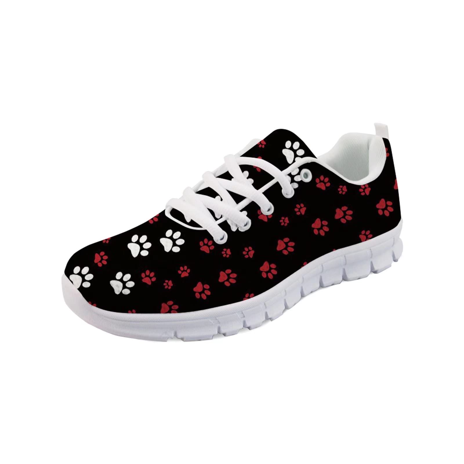 Forchrinse Red White Dog Paw Print Women’s Running Tennis Shoes Cute Walking Train Shoes Lightweight Comfortable