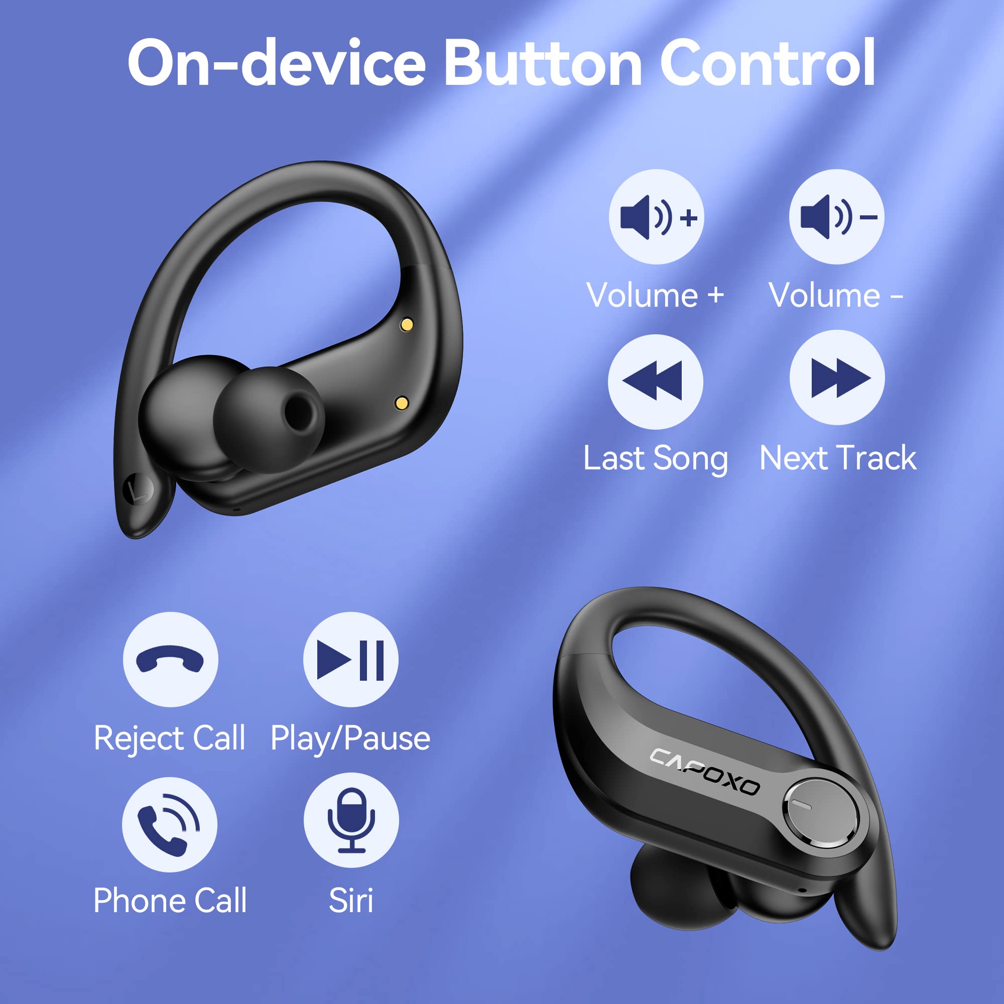 FOYCOY Bluetooth Headphones Wireless Earbuds 120H Playtime Ear Buds IPX7 Waterproof Sports Earphones 2600mAh Wireless Charging Case Headset with Earhooks LED Power Display Mics for Workout CAP0X0