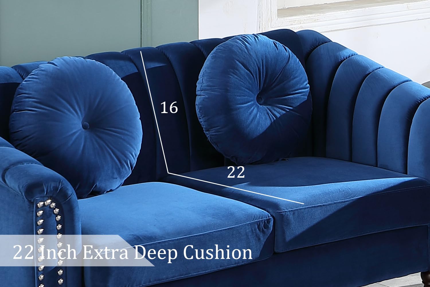 SIENWIEY Chesterfield Chair Couch, 40 Inch Luxurious Velvet Single Chair Chesterfield Settee Sofa Upholstered Rolled Arm with Rivets/Button Tufted Pillow, Modern Sofa for Living Room,Blue
