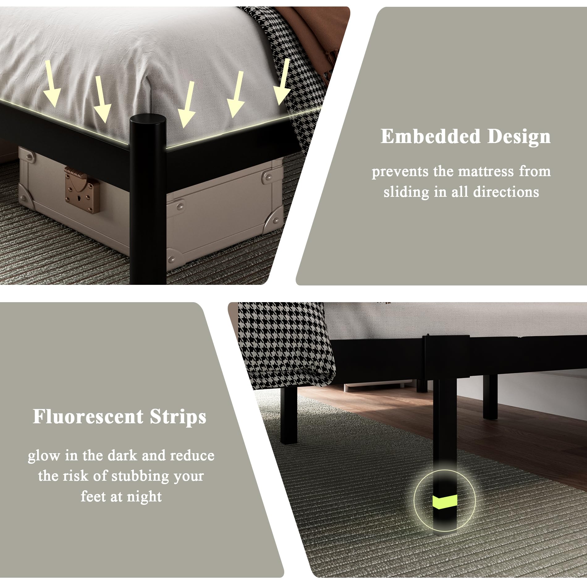 Feonase Queen Black Bed Frame, Heavy-duty Metal Bed Frame with 13 Hardened Steel Slats, 12" Under-Bed Storage, Noise-Free, Easy Assembly