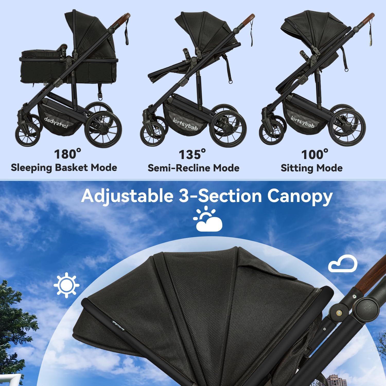 LORTSYBAB 2 in 1 Convertible Baby Stroller, High Landscape Infant Stroller w/Reversible Seat, Adjustable Backrest & Canopy, Newborn Reversible Bassinet Pram Strollers, Black