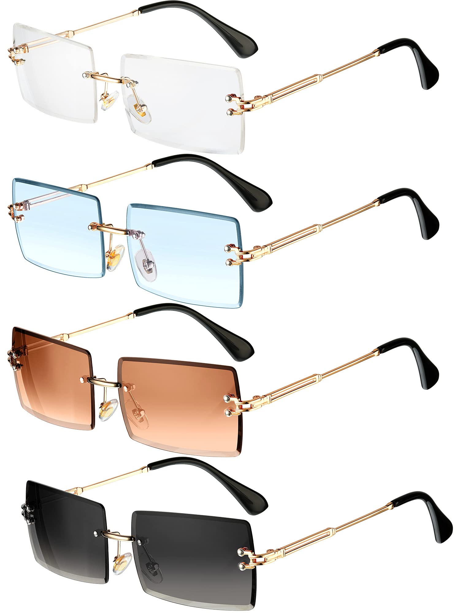 Frienda 4 Pairs Rimless Rectangle Sunglasses Frameless Square Glasses Vintage Transparent Eyewear for Women Men (Classic Colors,Metal Frame)