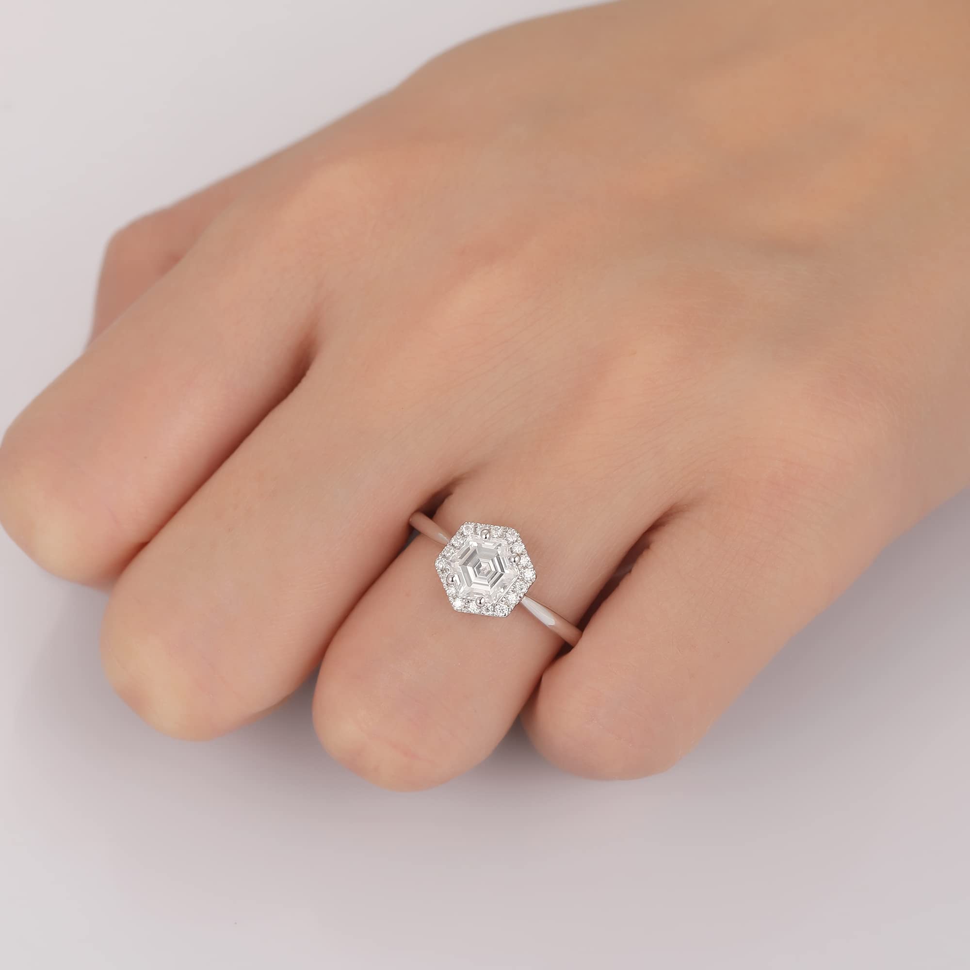 Frayerr Moissanite Ring - Statement Gift Ring - 1.85 Carat Hexagon Excellent Cut GH Moissanite Ring - Minimalist Sparkle Moissanite Halo Ring - 925 Silver Promise Ring - Prong Set Birthstone Ring (7)