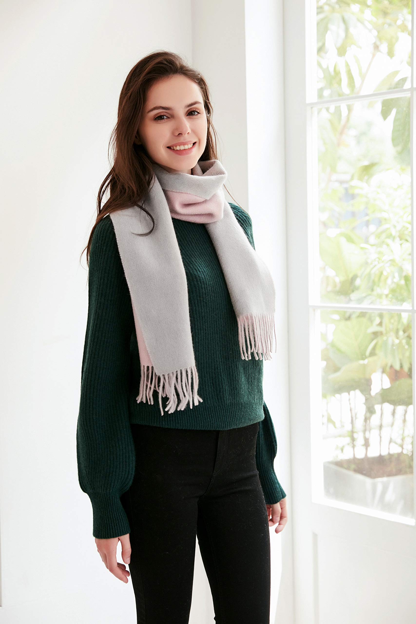 EURKEA 100% Cashmere 2023 Winter Collection, Women Fringed Edges Scarf, Gift Ready, Colors Available in Solid/Plaid/2-Tone, Pink and Light Grey, Free Size