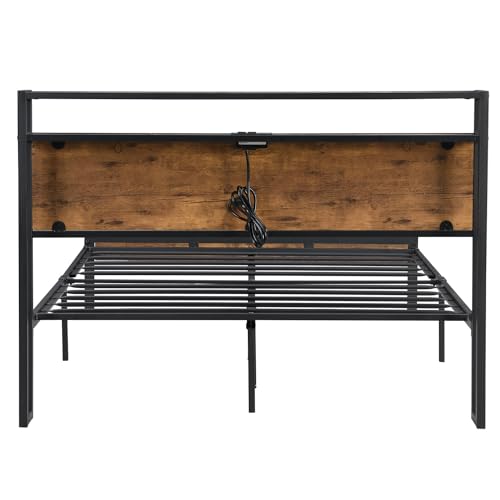 Foinfun King Bed Frame with USB and AC Charging, King Platform Metal Bed, Headboard with 2 Layers of Shelving, No Box Spring Needed, Brown