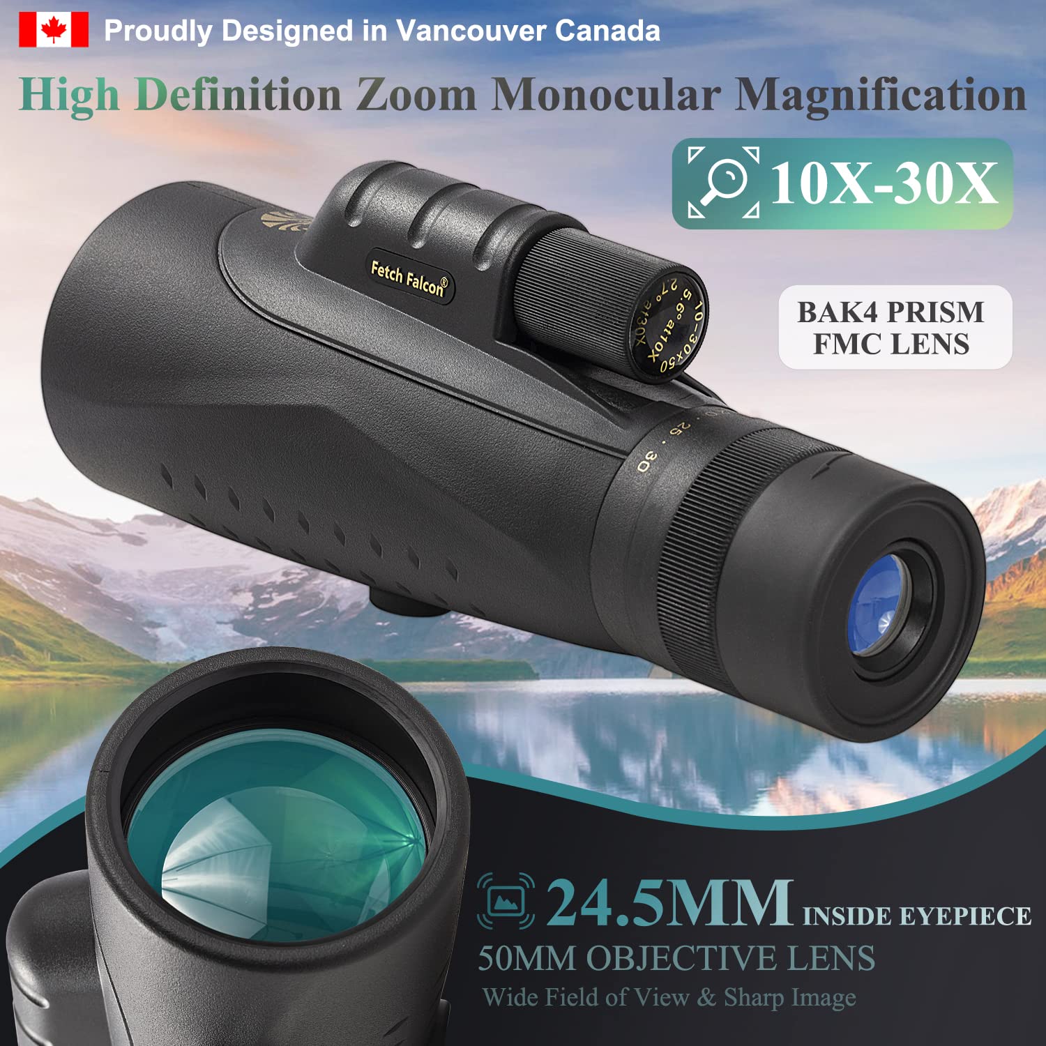 Fetch Falcon 10-30X50 FMC HD Spotting Scopes (Water-Resistance Long Range Spotting) with Tripod Phone Adapter (10-30X50 Black)