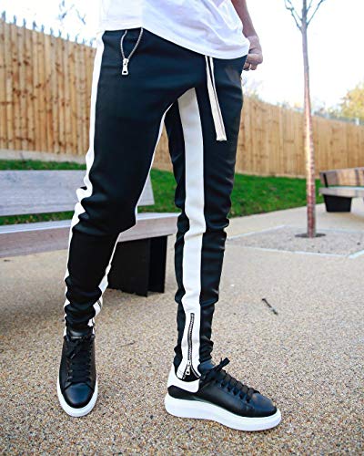 FLYFIREFLY Men's Gym Sport Pants Hip Hop Slim Fit Track Pants Workout Running Athletic Jogger Bottom Black White