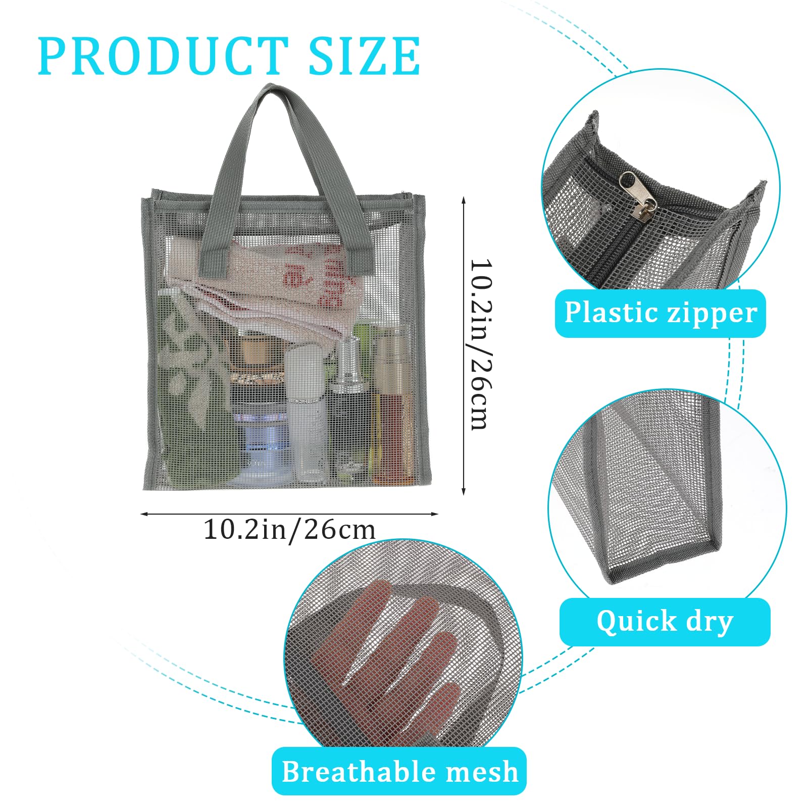 Mozeat Lens Mesh Shower Bag Grey Portable Mesh Shower Caddy Quick-Dry Tote Bag Dorm Toiletry Organizer Gym Shower Mesh Bag for Gym Travel Camping College Dorm Room Bathroom