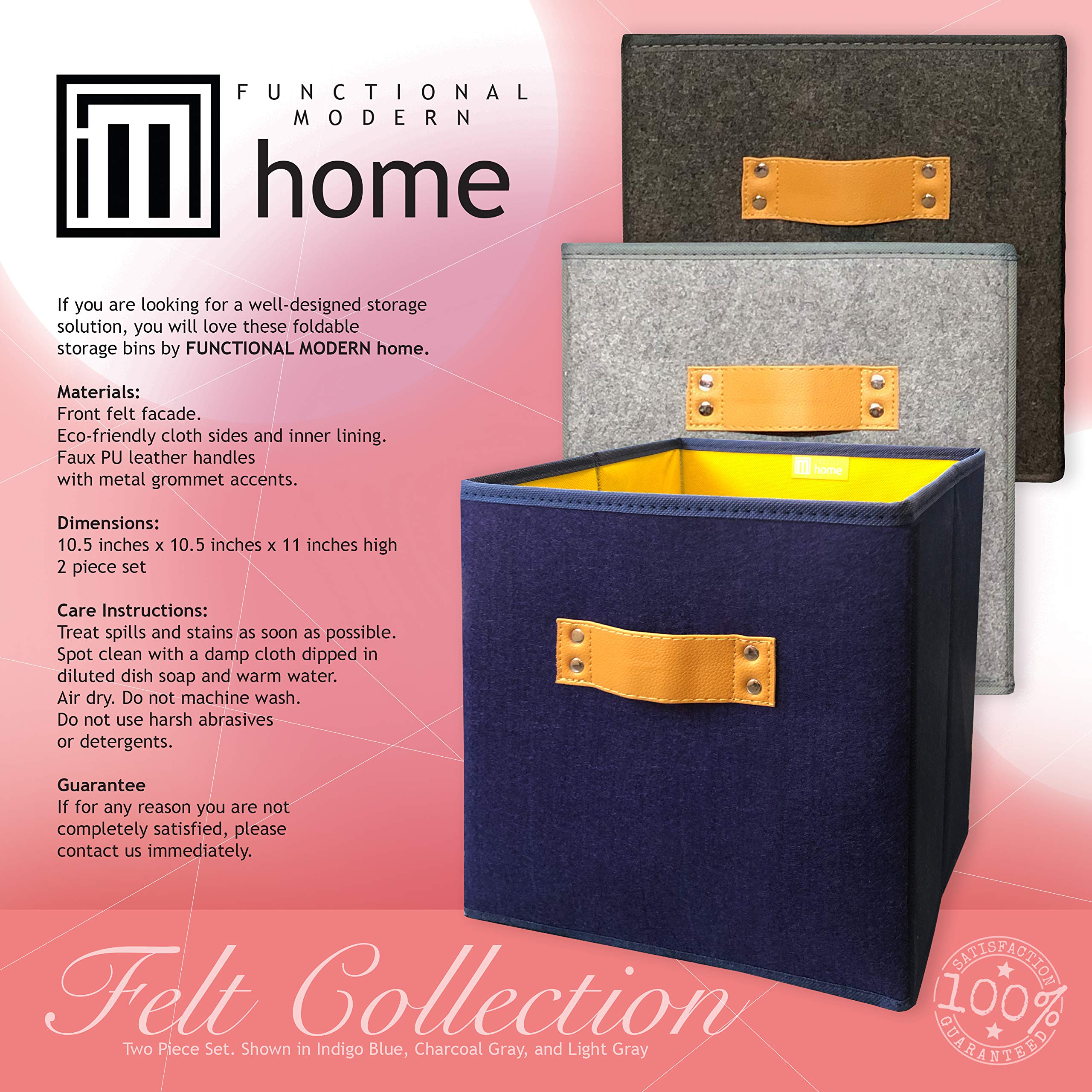 Functional Modern - Foldable Storage Bins - Collapsible Storage Cubes - Closet Storage - Organizer Basket - 2 Pack - Linen - 11 Inches High (Indigo Blue, 10.5" Width x 10.5" Depth x 11" Height)