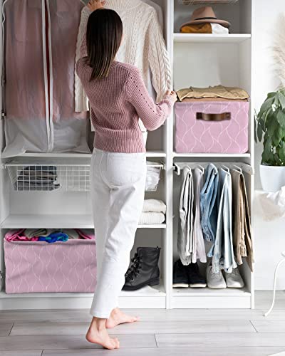 Pink Geometry Storage Bins 2 Pack, Large Waterproof Storage Baskets for Shelves Closet, Modern White Wave Abstract Aesthetics Storage Basket Foldable Storage Box Cube Storage Organizer with Handles