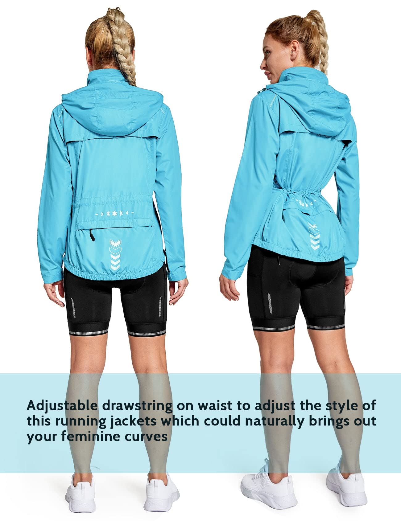 FitsT4 Sports Women's Cycling Running Jackets Lightweight Windproof Bike Windbreaker Reflective with Hood Light Blue Size XL